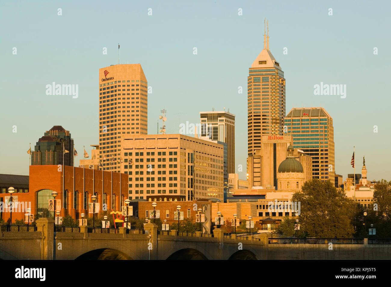 USA, Indiana, Indianapolis: City Skyline from White River Park / Sunset ...