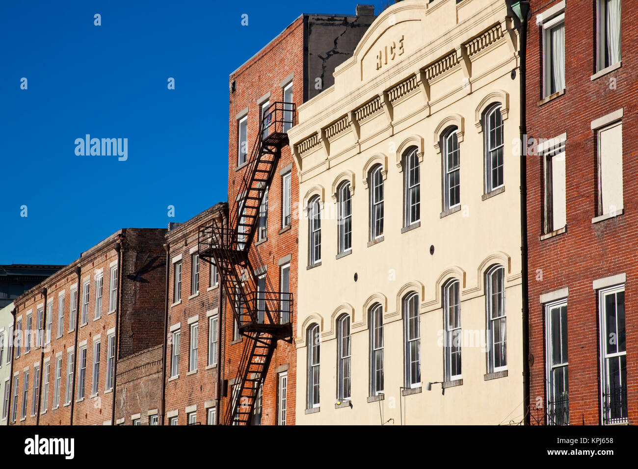 USA, Louisiana, New Orleans. Buildings along Decatur Street, morning ...