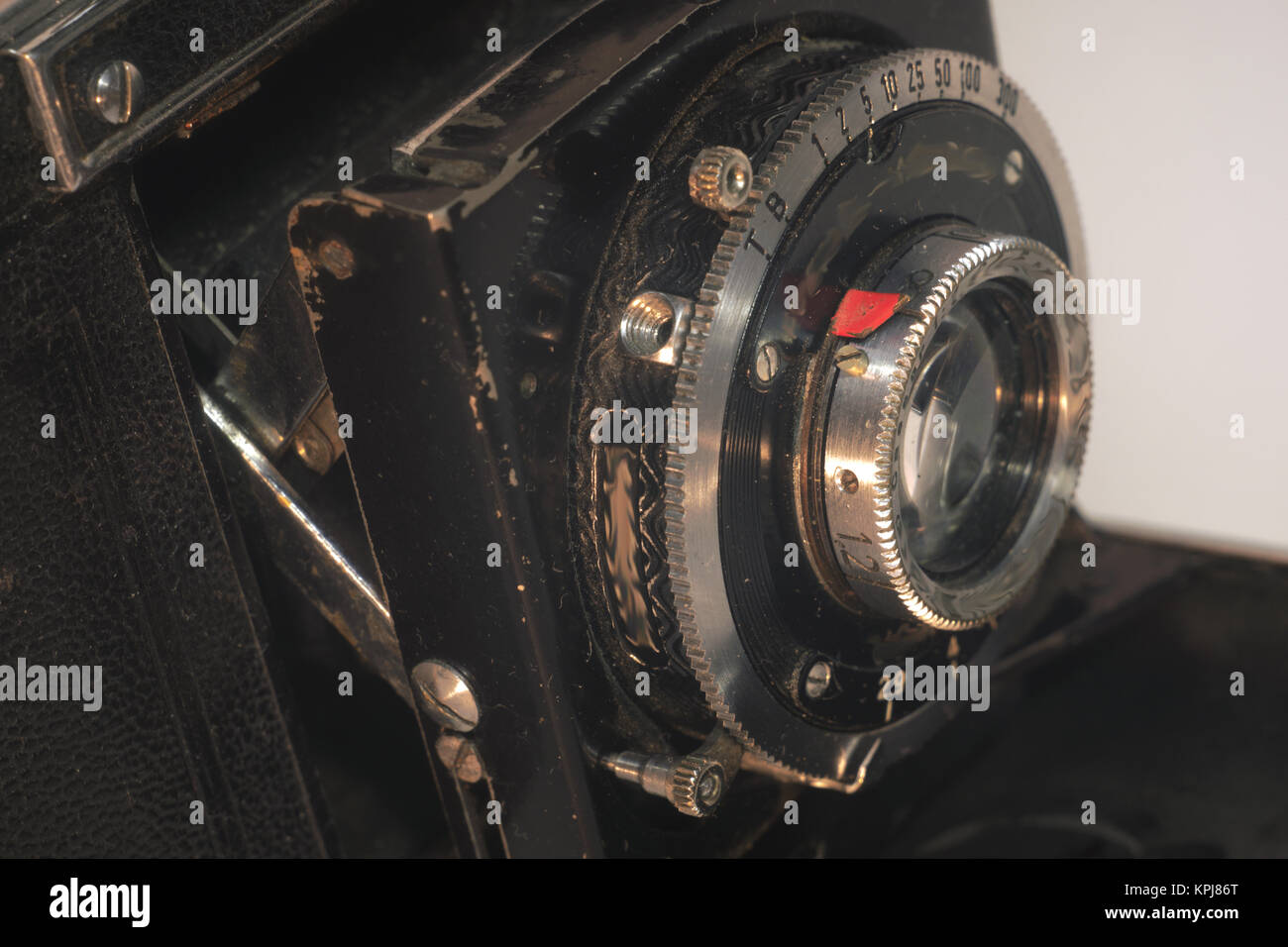 fixed lens of vintage folding camera with bellows, front view Stock ...