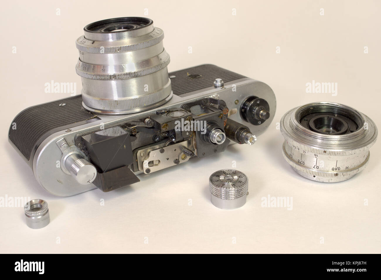 old cameras rangefinder device without a cover and two old lens Stock ...