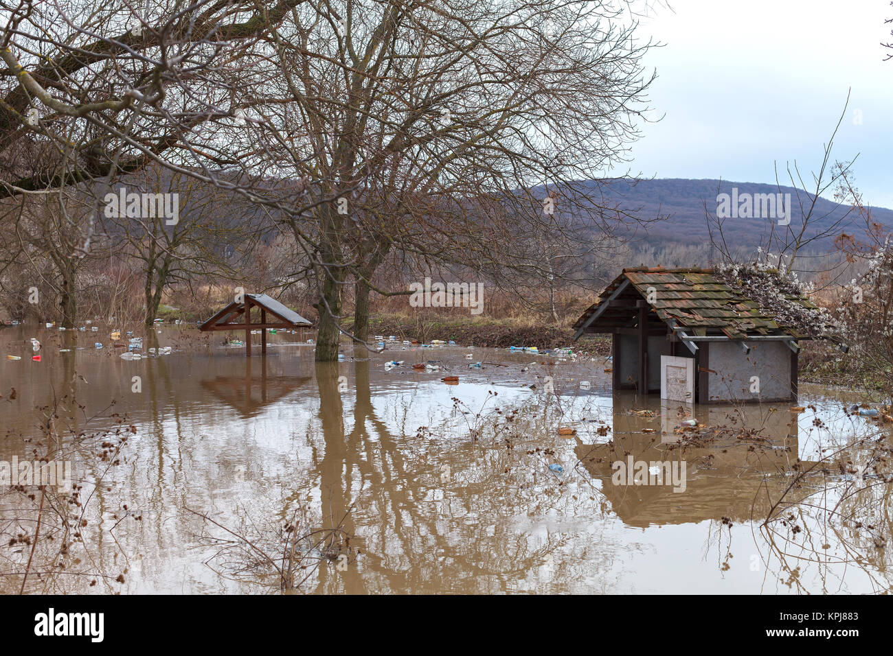 The river after the downpours came out of the banks. Flooding of river ...