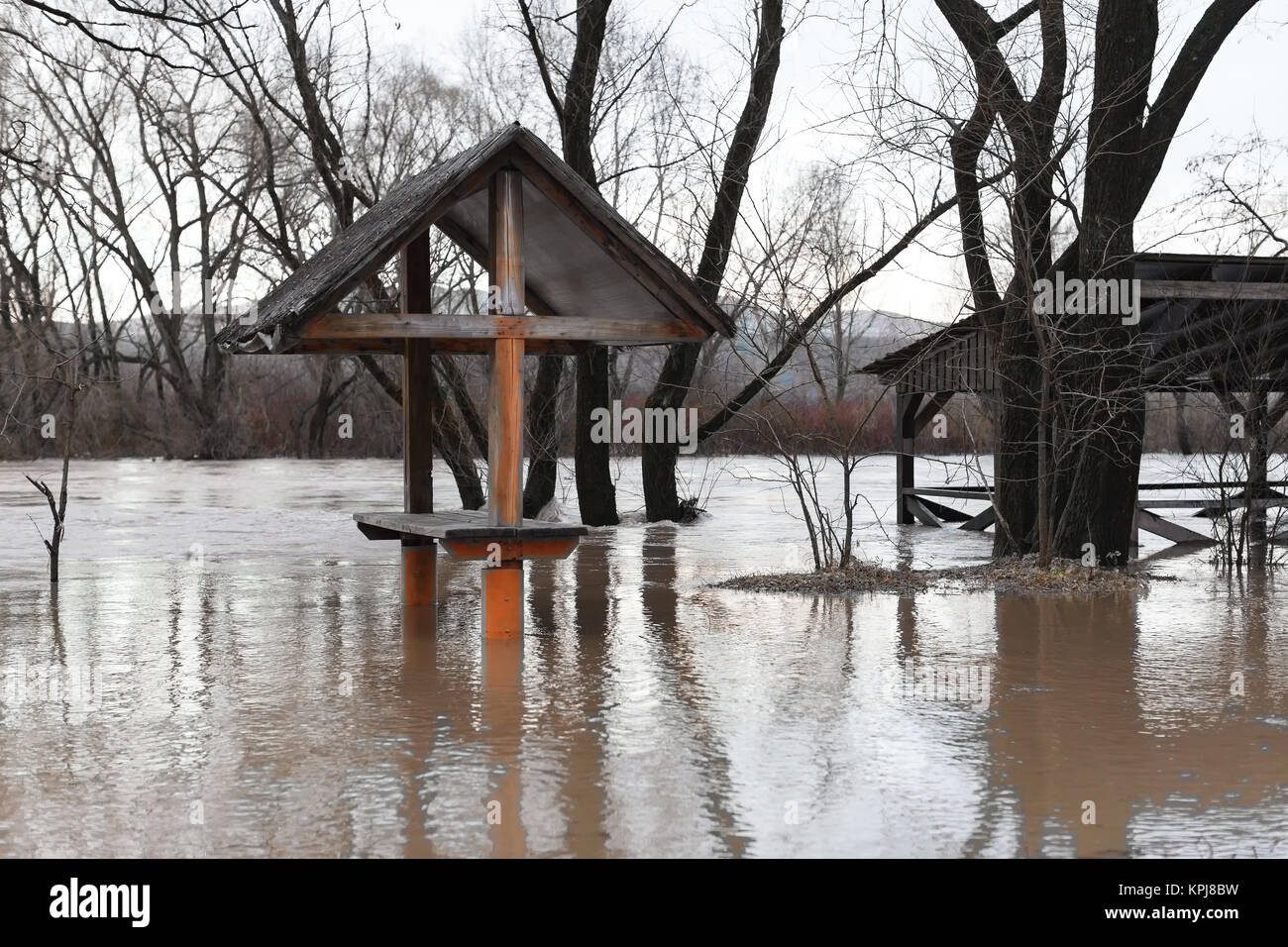 The river after the downpours came out of the banks. Flooding of river ...