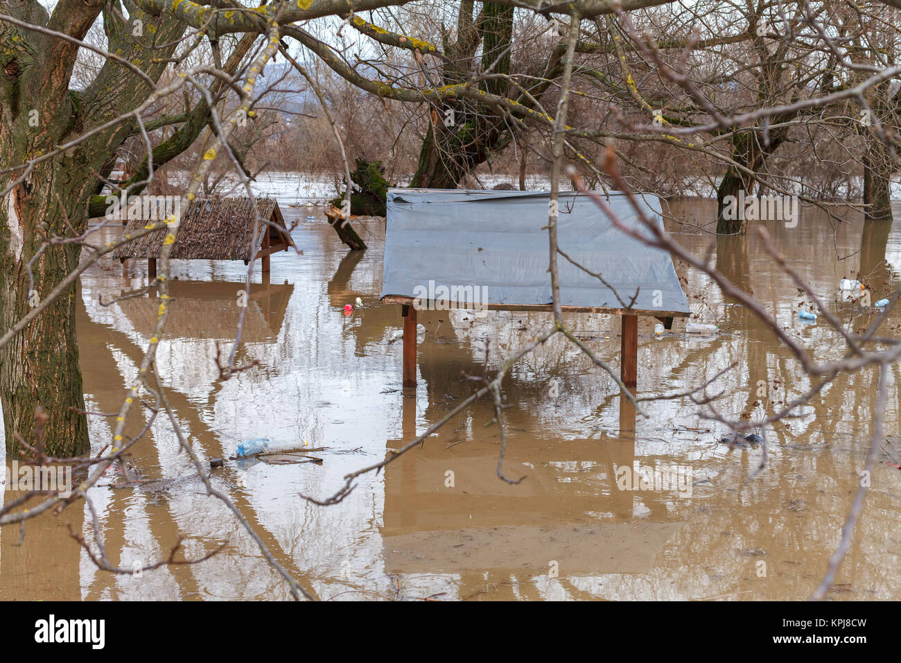 The river after the downpours came out of the banks. Flooding of river ...