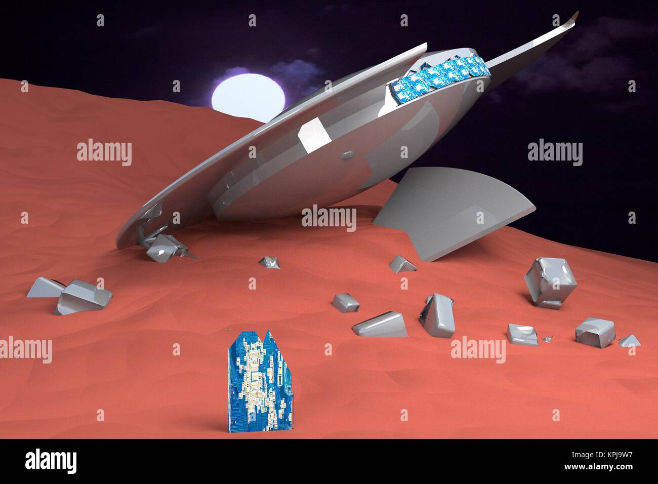 Ufo crashed over sandy planet Stock Photo - Alamy