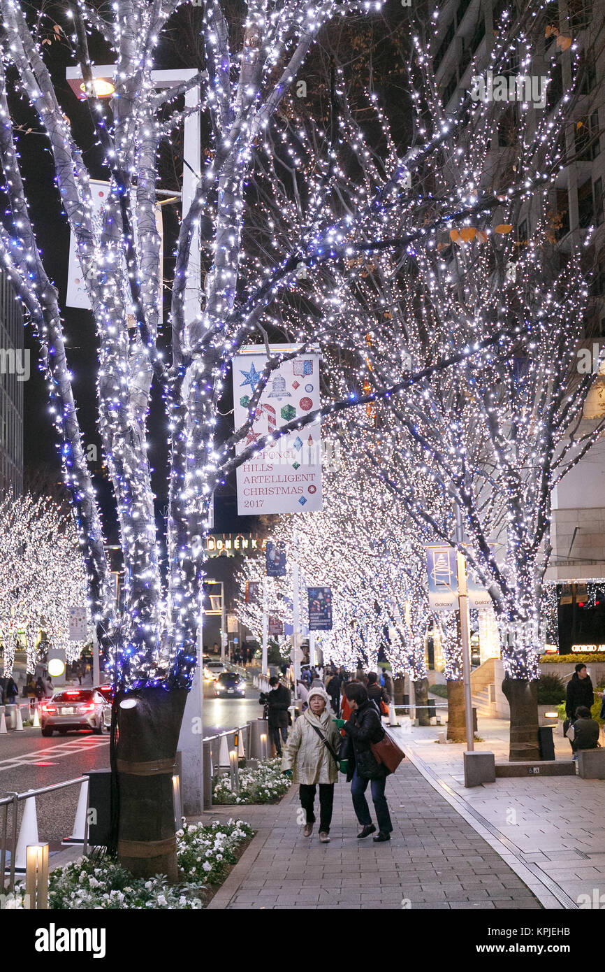 Tokyo, Japan. 15th December, 2017. Trees are decorated with coloful LED ...