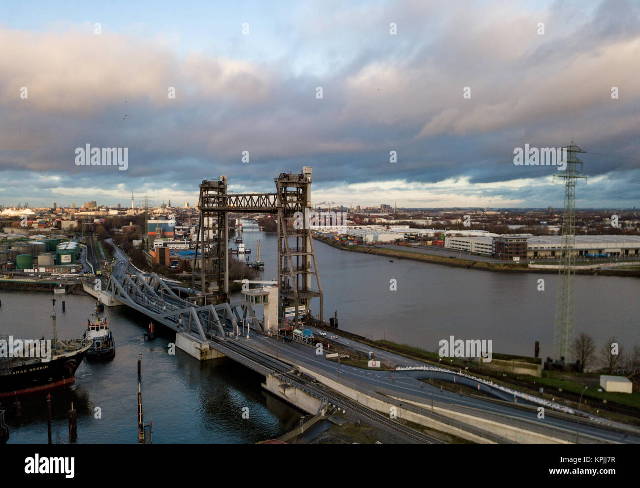 Cars drive across the Rethe bascule bridge in Hamburg, Germany, 16 ...