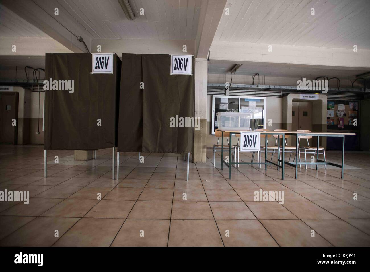 Santiago, Chile. 16th Dec, 2017. A polling station is seen prepared for ...