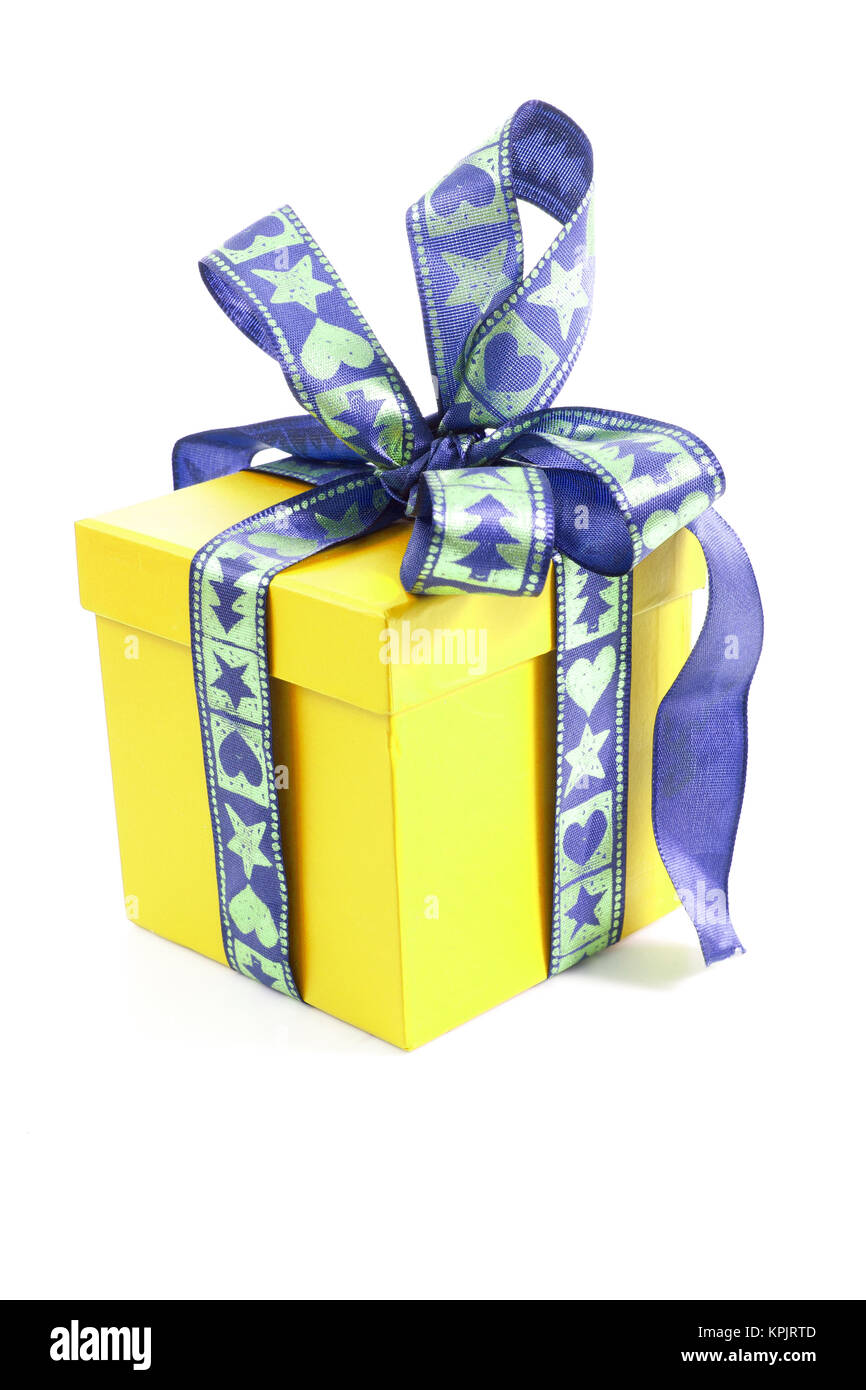 Yellow surprise gift box on isolated white studio background. Christmas ...