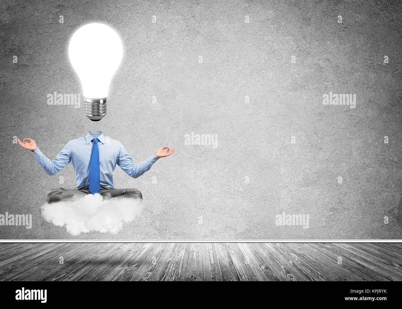 Businessman sitting in lotus pose and light bulb instead of his head ...