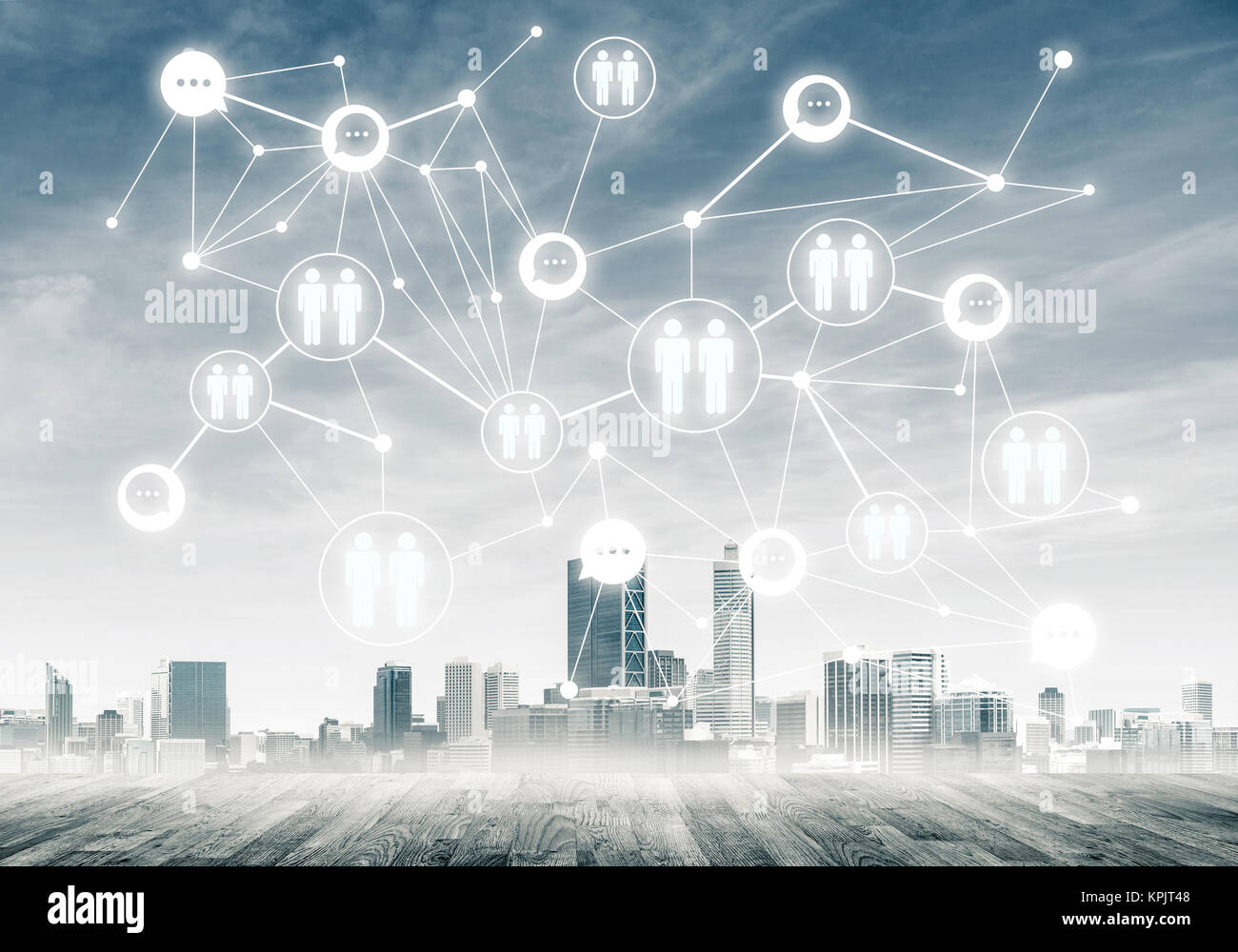 Modern cityscape wooden floor and social connection concept on screen ...