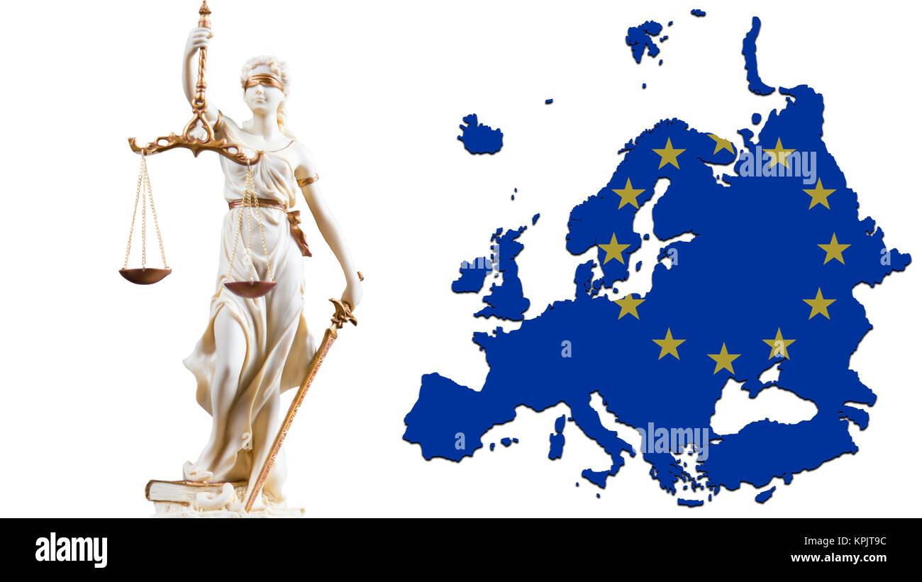 White Justice figure in front of outlines of Europe Stock Photo - Alamy