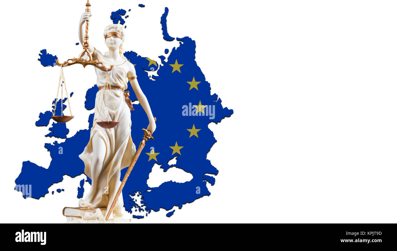 White Justice figure in front of outlines of Europe Stock Photo - Alamy