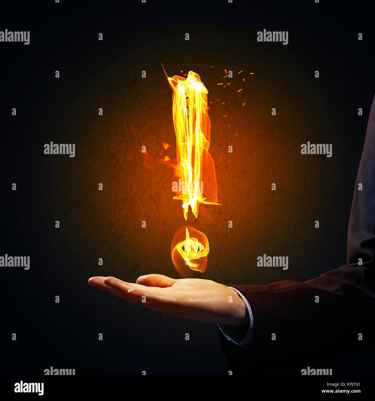 Glowing exclamation mark symbol in palm on dark background Stock Photo ...