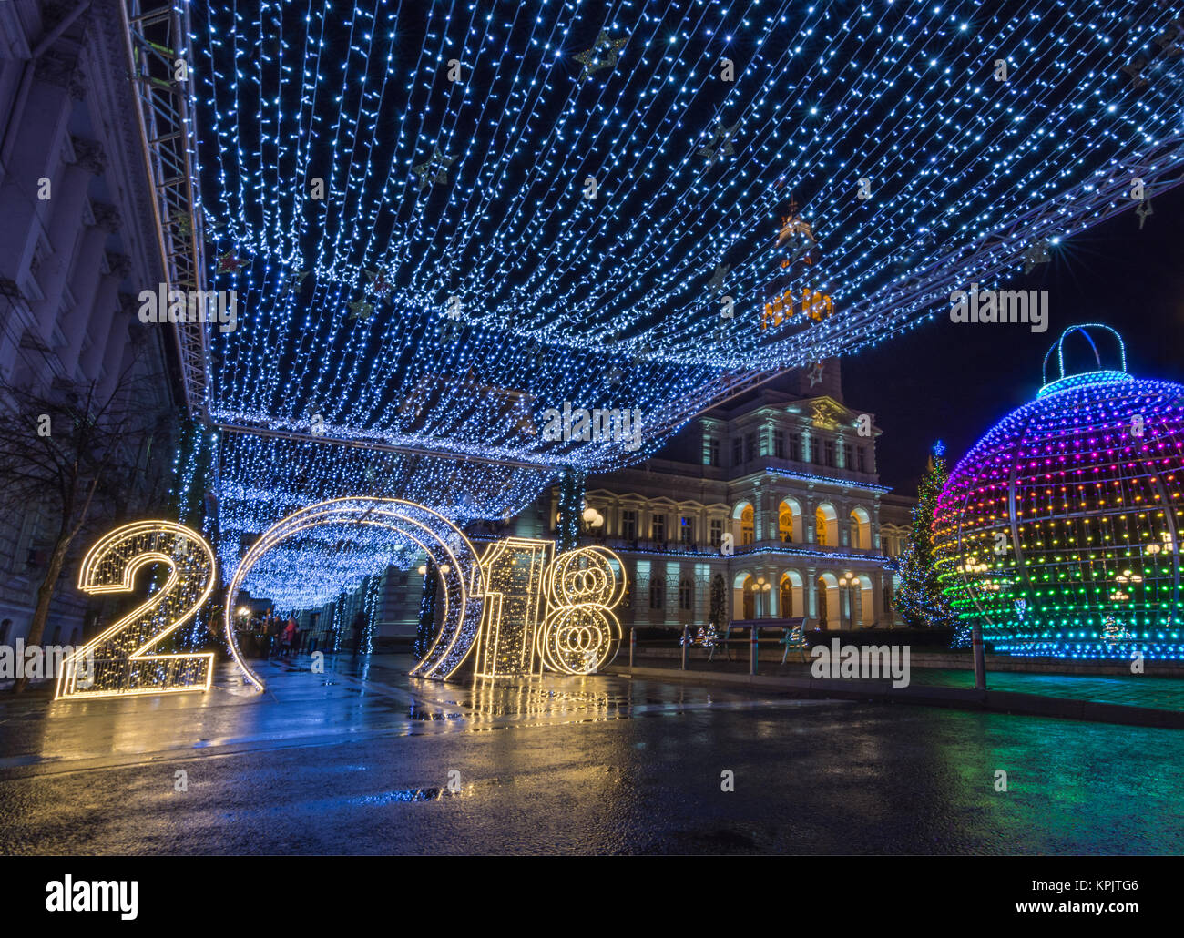 Christmas and New Year lights and decorations, by night, in the city of ...