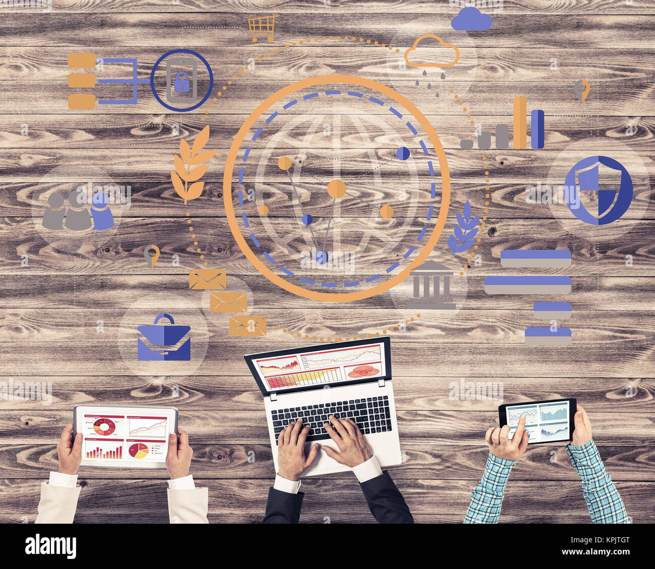 Group of three people with devices in hands working together as symbol ...