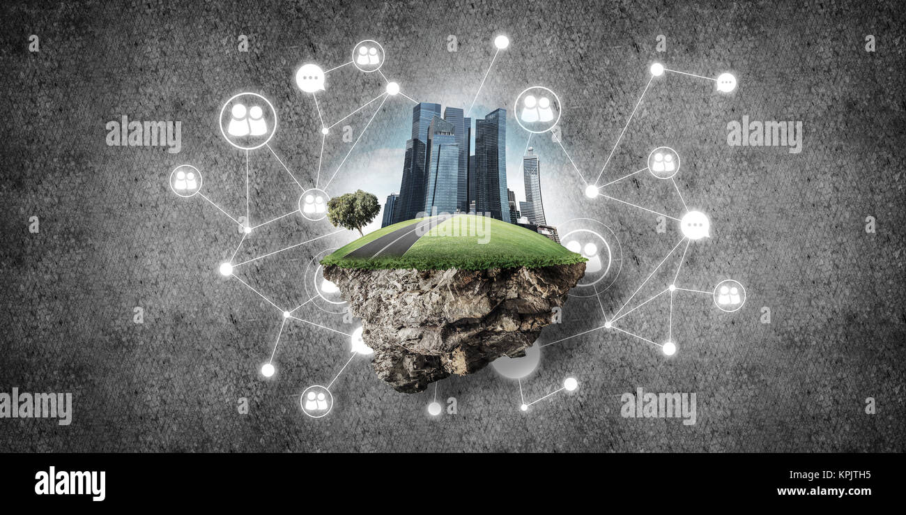 Beautiful small island with grass and cityscape on concrete background ...