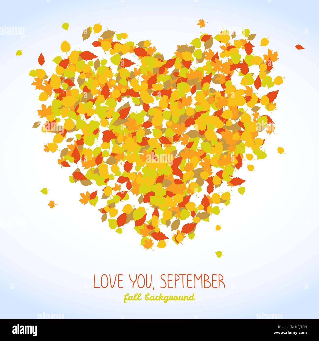 Love you, september banner. Heart symbol made of Autumn leaves. Text ...