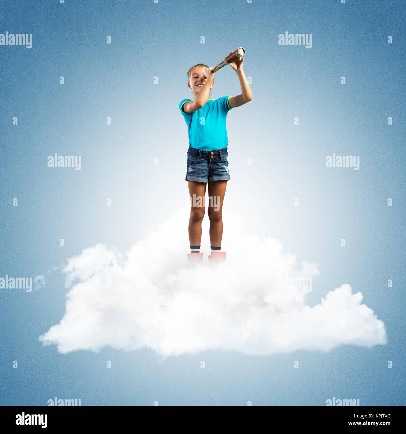 Cute kid girl on cloud looking in spyglass Stock Photo - Alamy