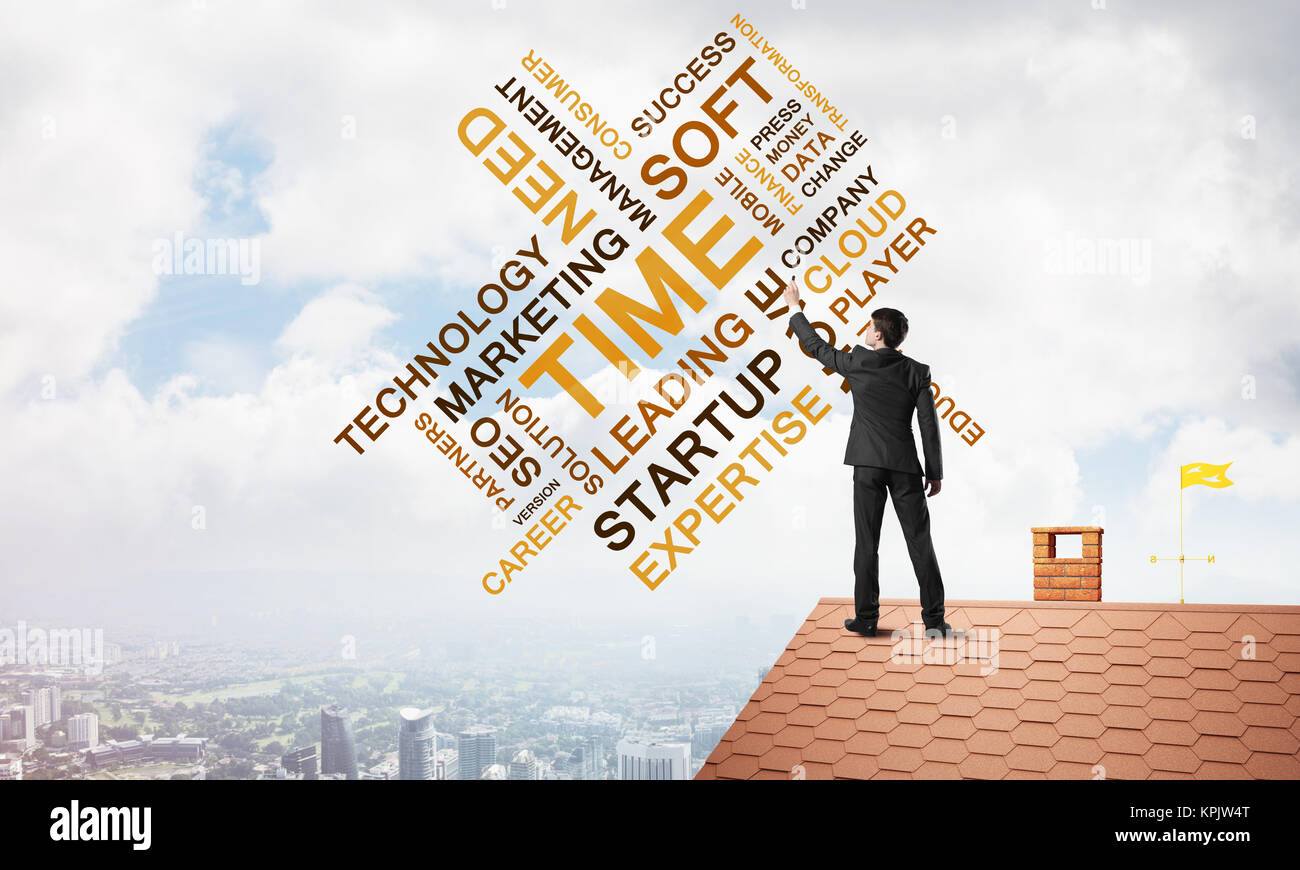 Businessman writing business related and success conceptual words. Mixed media Stock Photo - Alamy