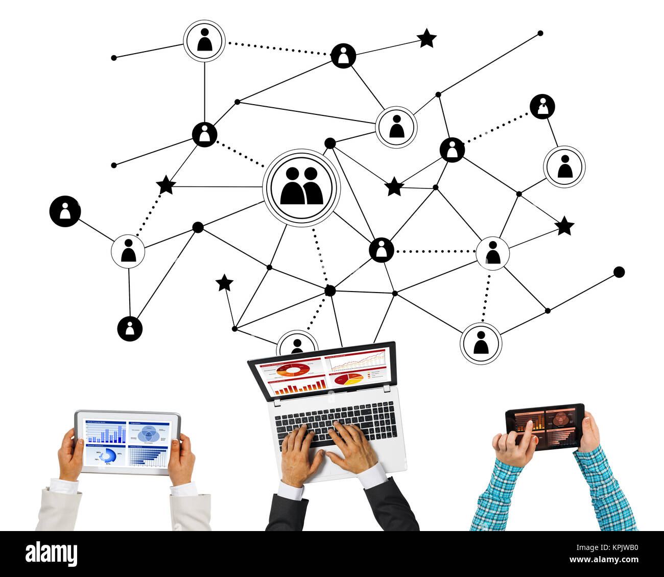 Group of three people with devices in hands working together as symbol ...