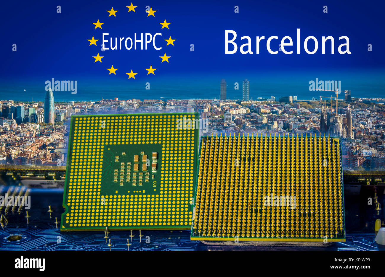 EuroHPC and Barcelona Supercomputing center and CPU concept.EuroHPC is ...