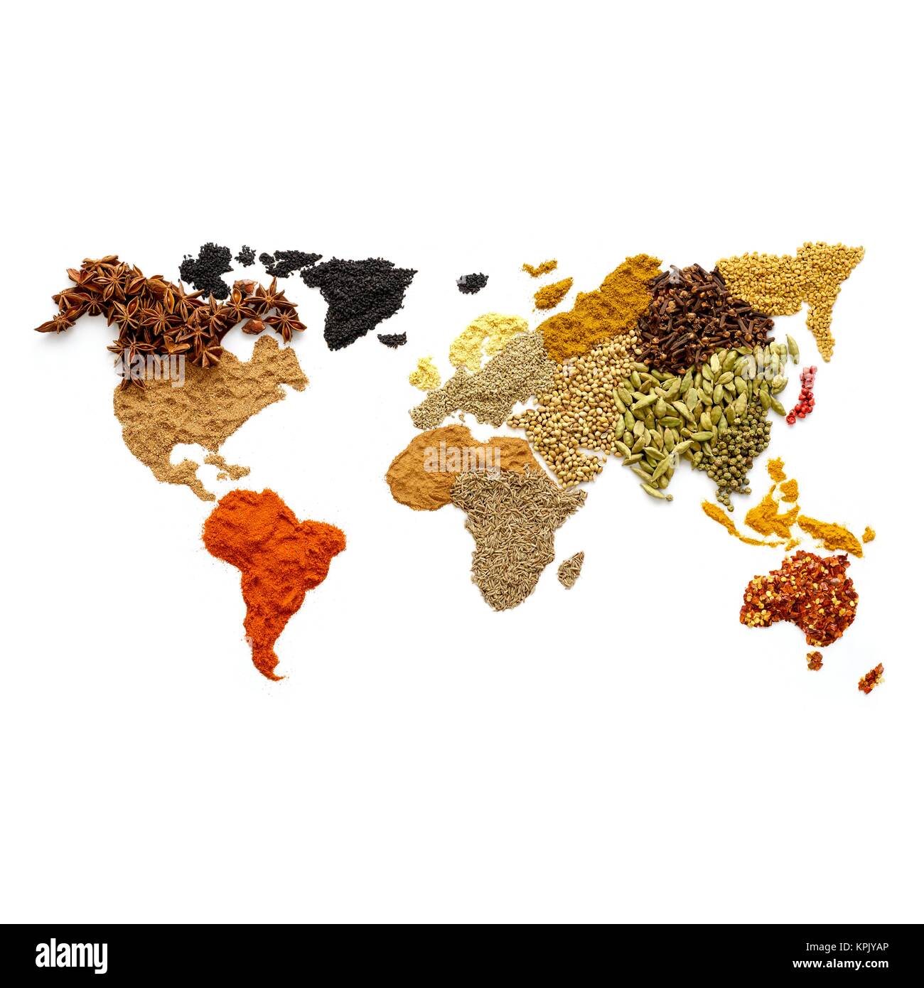 Dried spices in world map shape, studio shot Stock Photo - Alamy