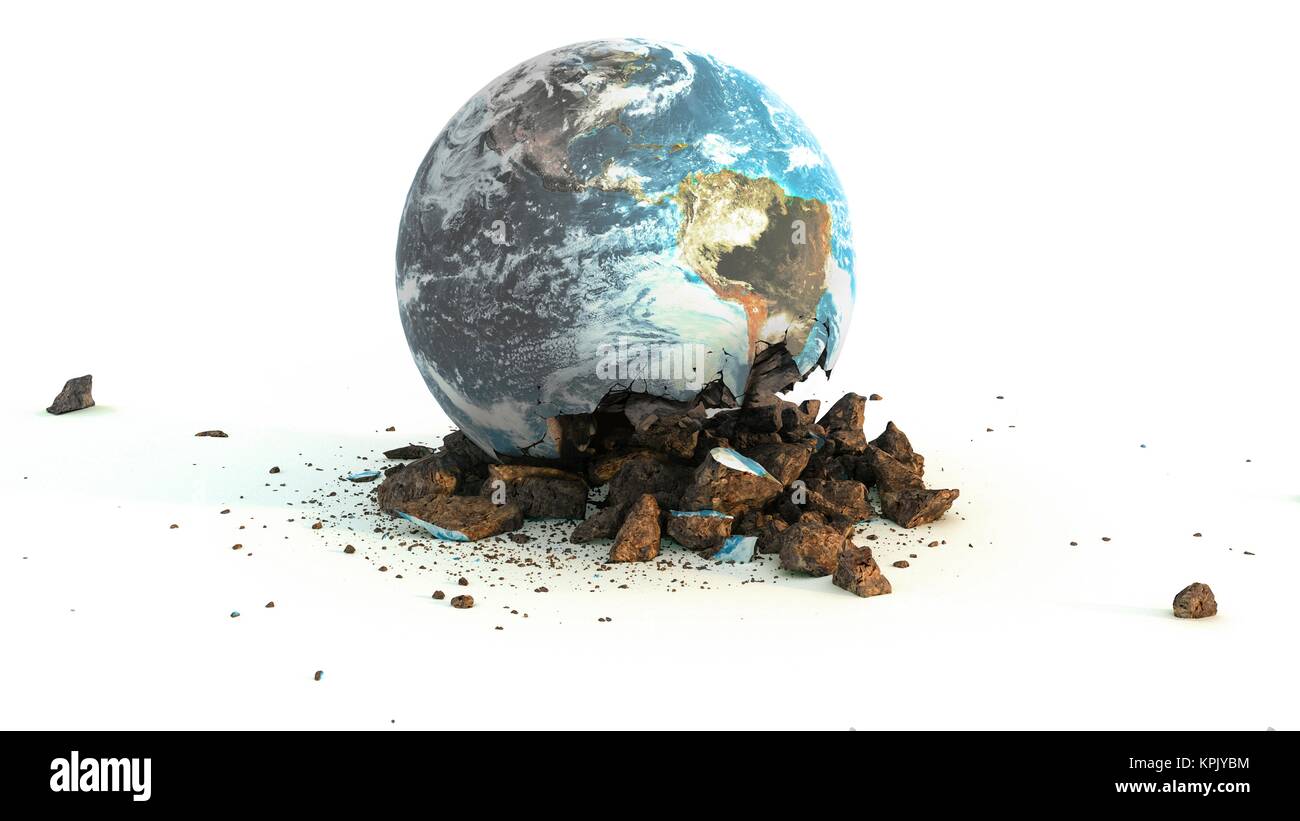 Illustration of the Earth as a broken sphere, surrounded by fragments ...