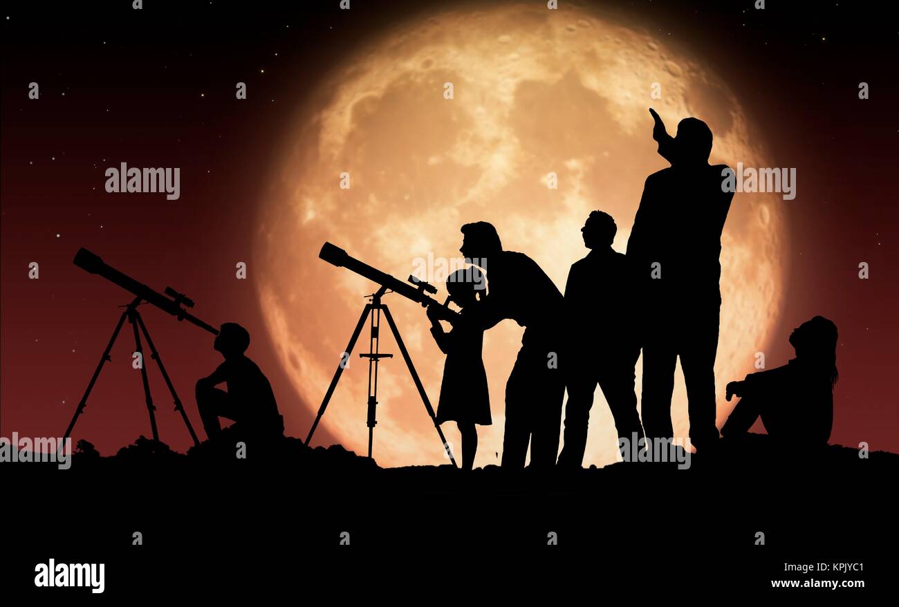 Artwork of star party – a group of people meeting with telescopes to ...
