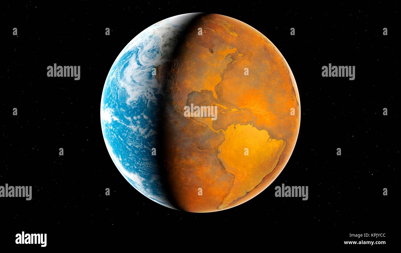 Illustration of the Earth, half normal and half without water. This ...