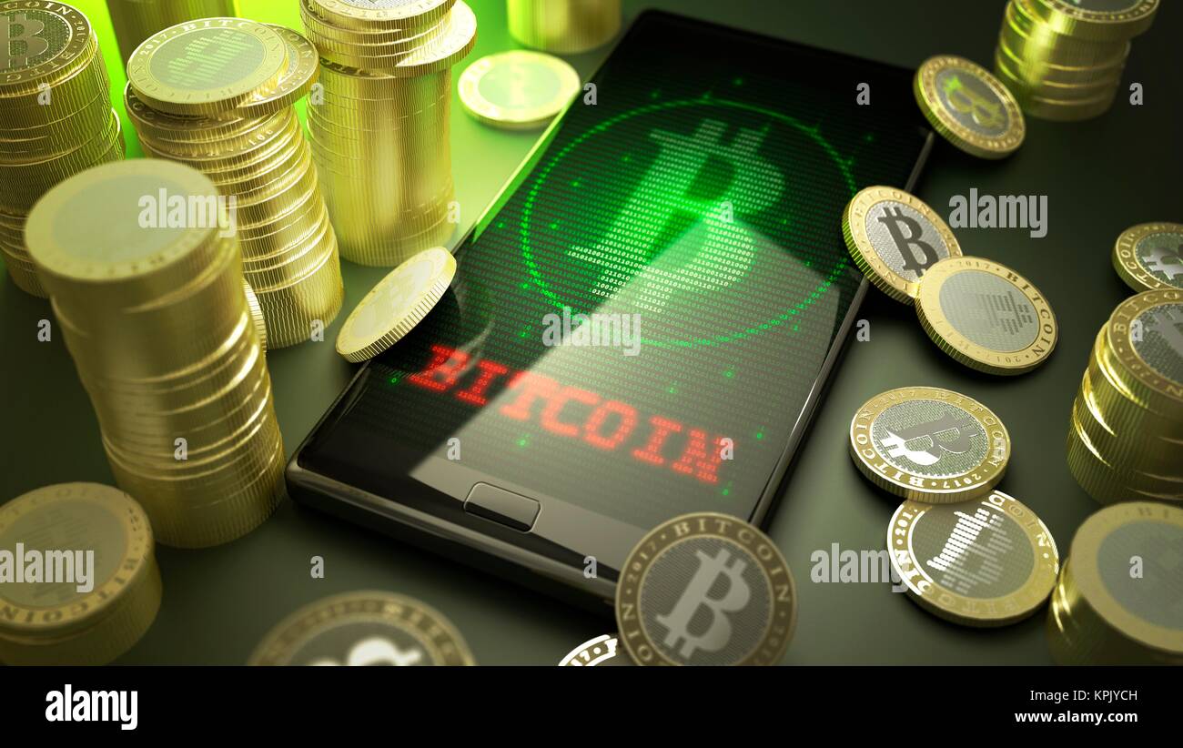 Conceptual artwork of Bitcoins surrounding a smartphone. Bitcoin is a ...