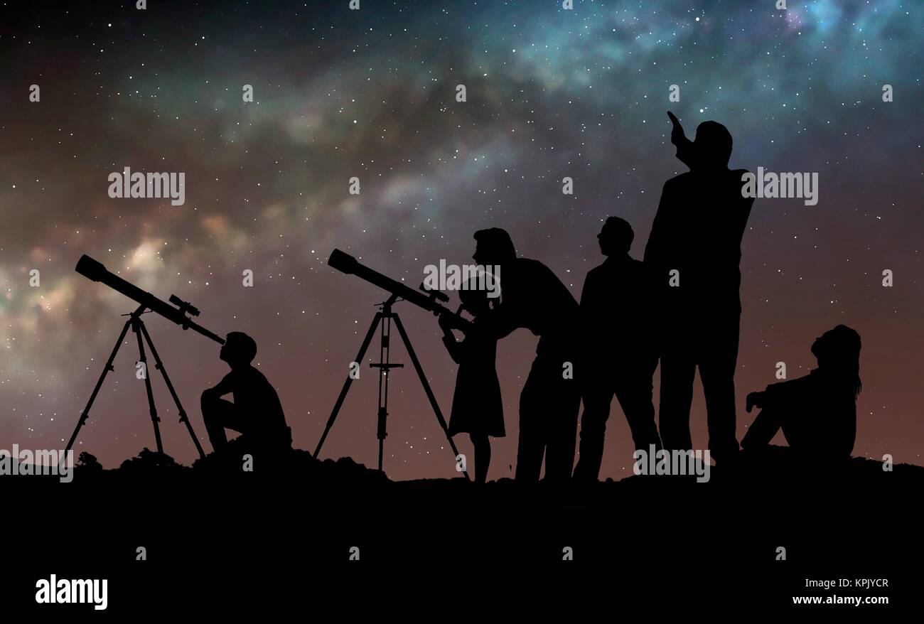 Artwork of star party – a group of people meeting with telescopes to ...