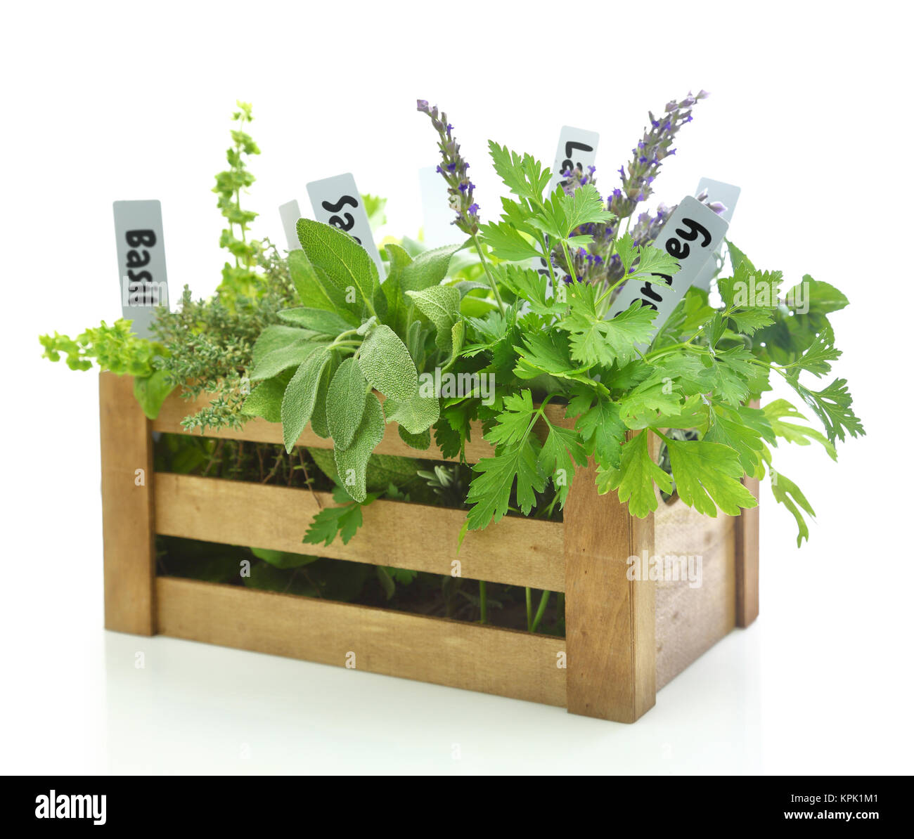 Fresh herbs with name tags in wooden box Stock Photo - Alamy