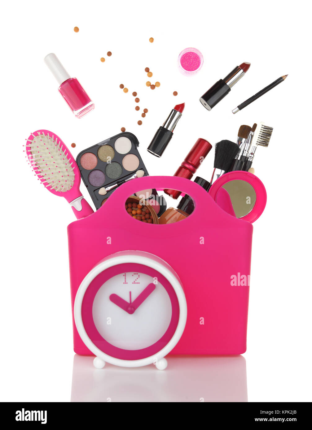 Pink shopping bag and clock with various cosmetics isolated Stock Photo ...