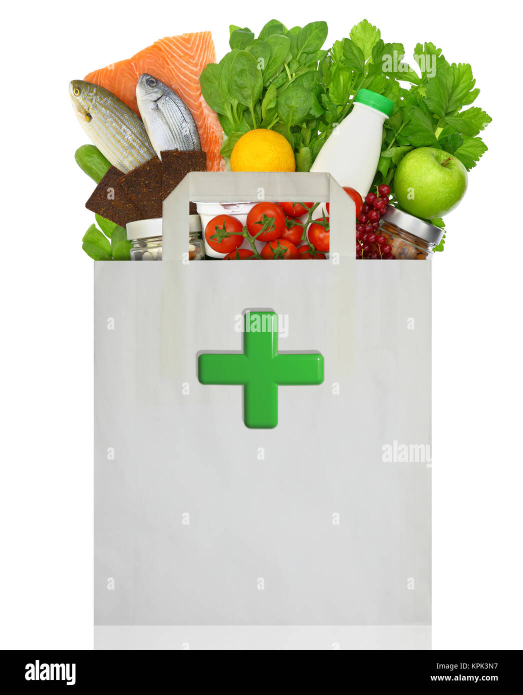Paper bag with medical green cross filled with healthy foods Stock ...