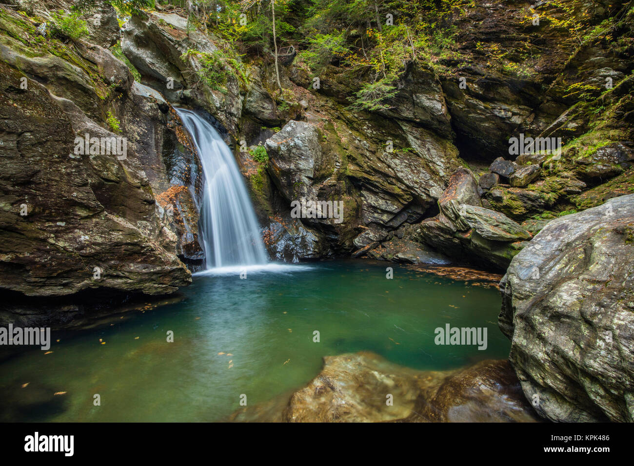 Bingham Falls with foliage on the rugged rocks,Green Mountains; Stowe ...