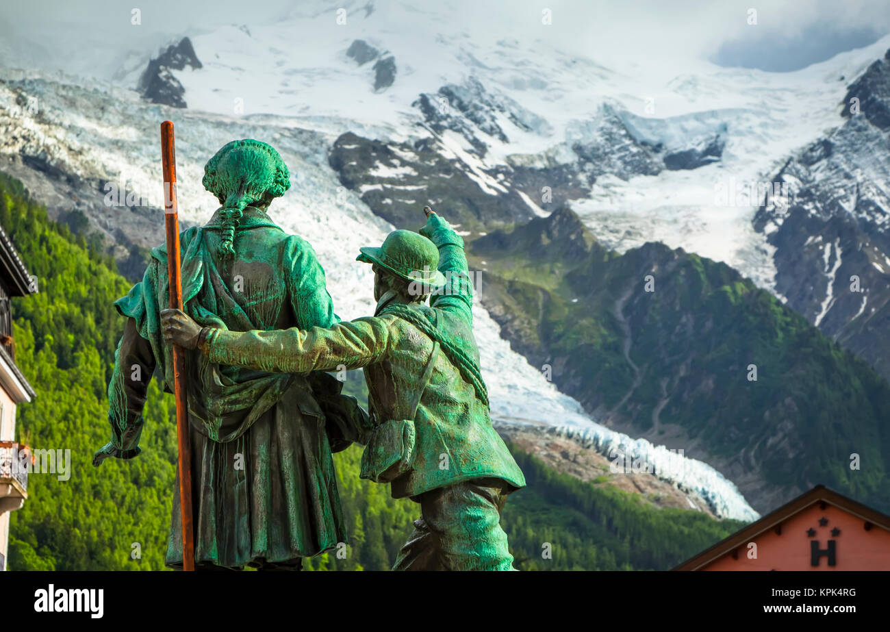 The statue of Saussure and Balmat; Chamonix-Mont Blanc, Rhone-Alpes ...
