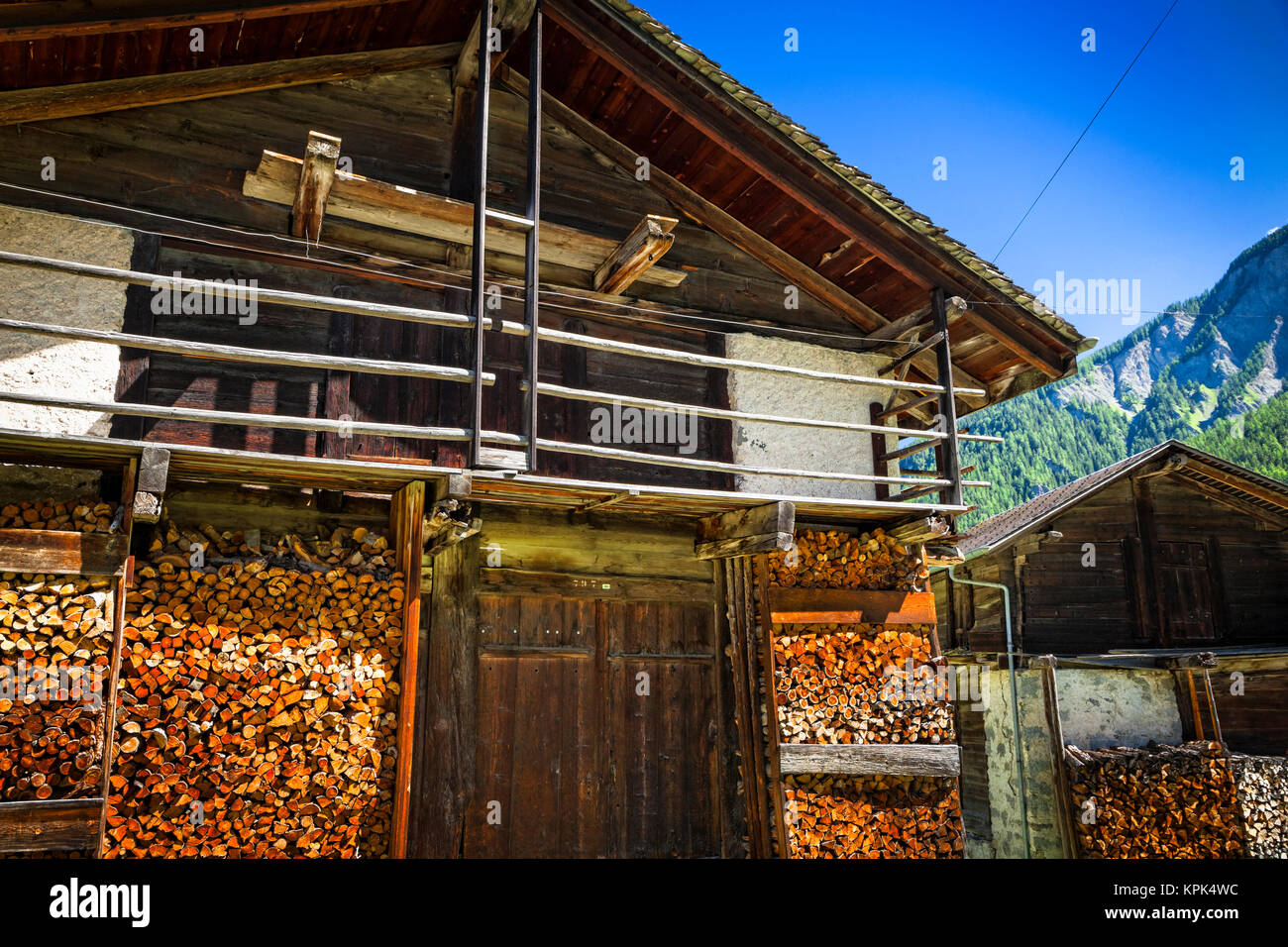 Historic wooden buildings at village of Praz de Fort, Swiss Val Ferret, Alps; Praz de Fort, Val ...