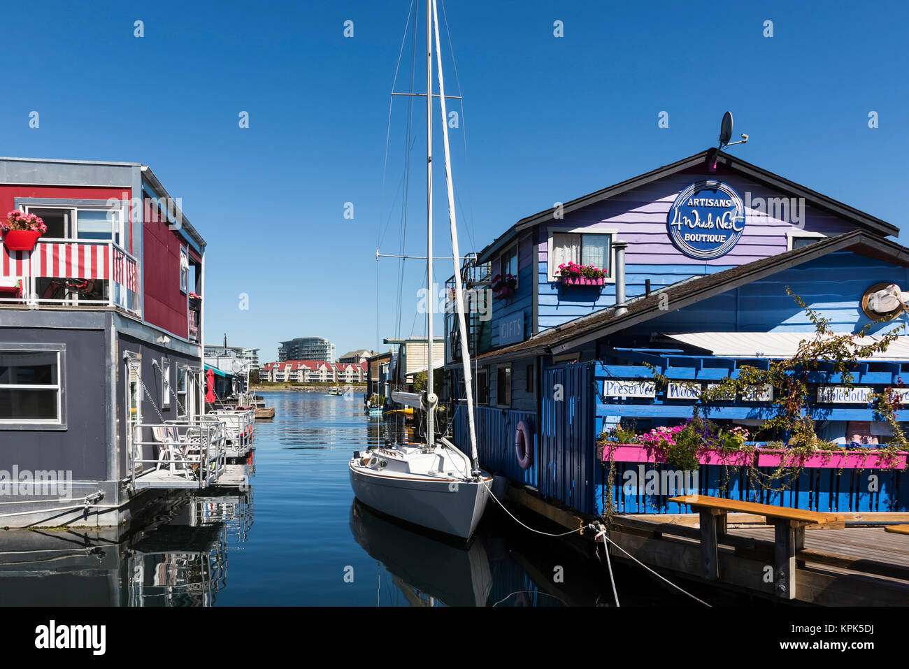 Shops and homes in Fisherman's Wharf in the Inner Harbour of Victoria ...