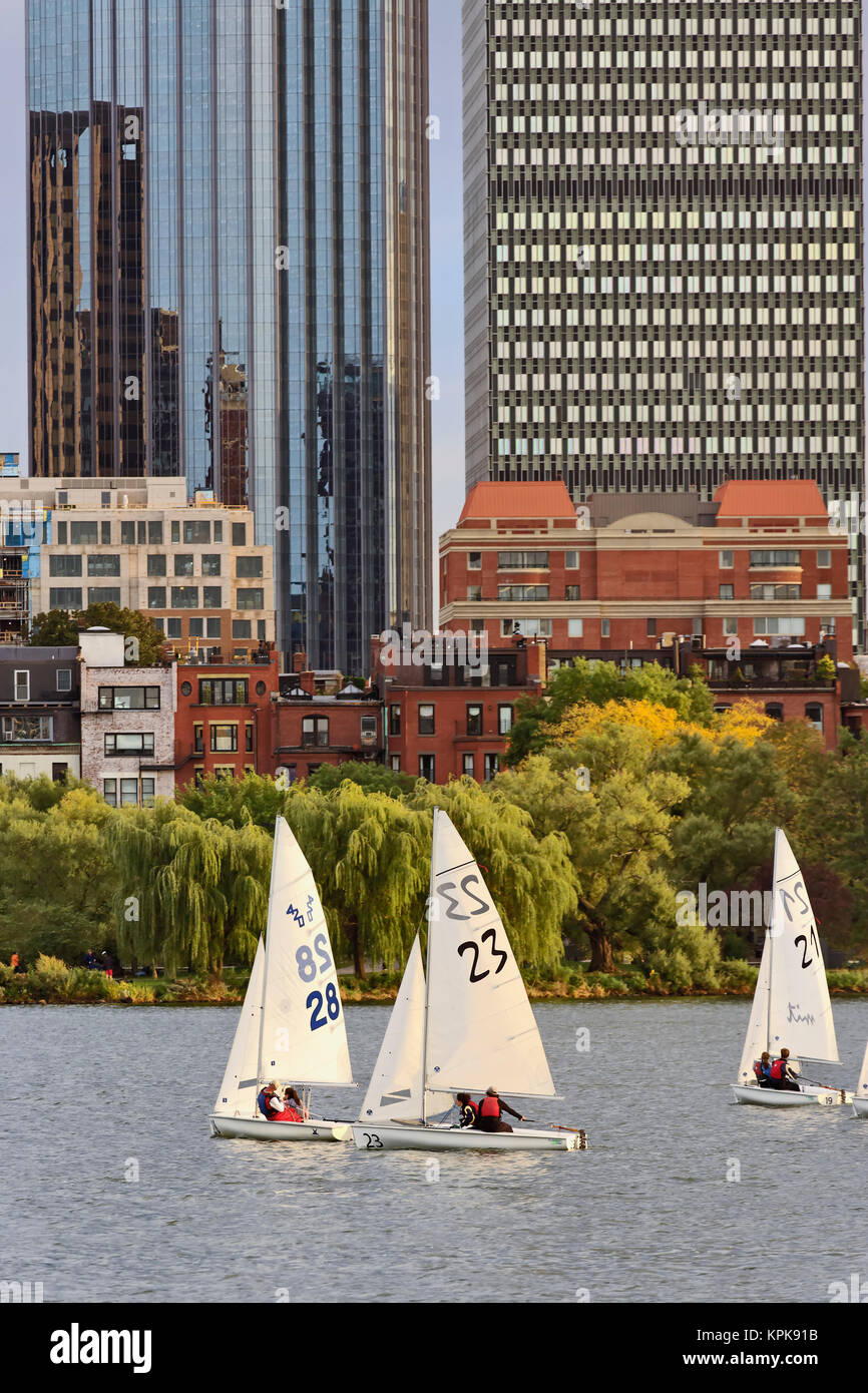 MIT sailing team practicing in Charles River with Boston, Massachusetts ...