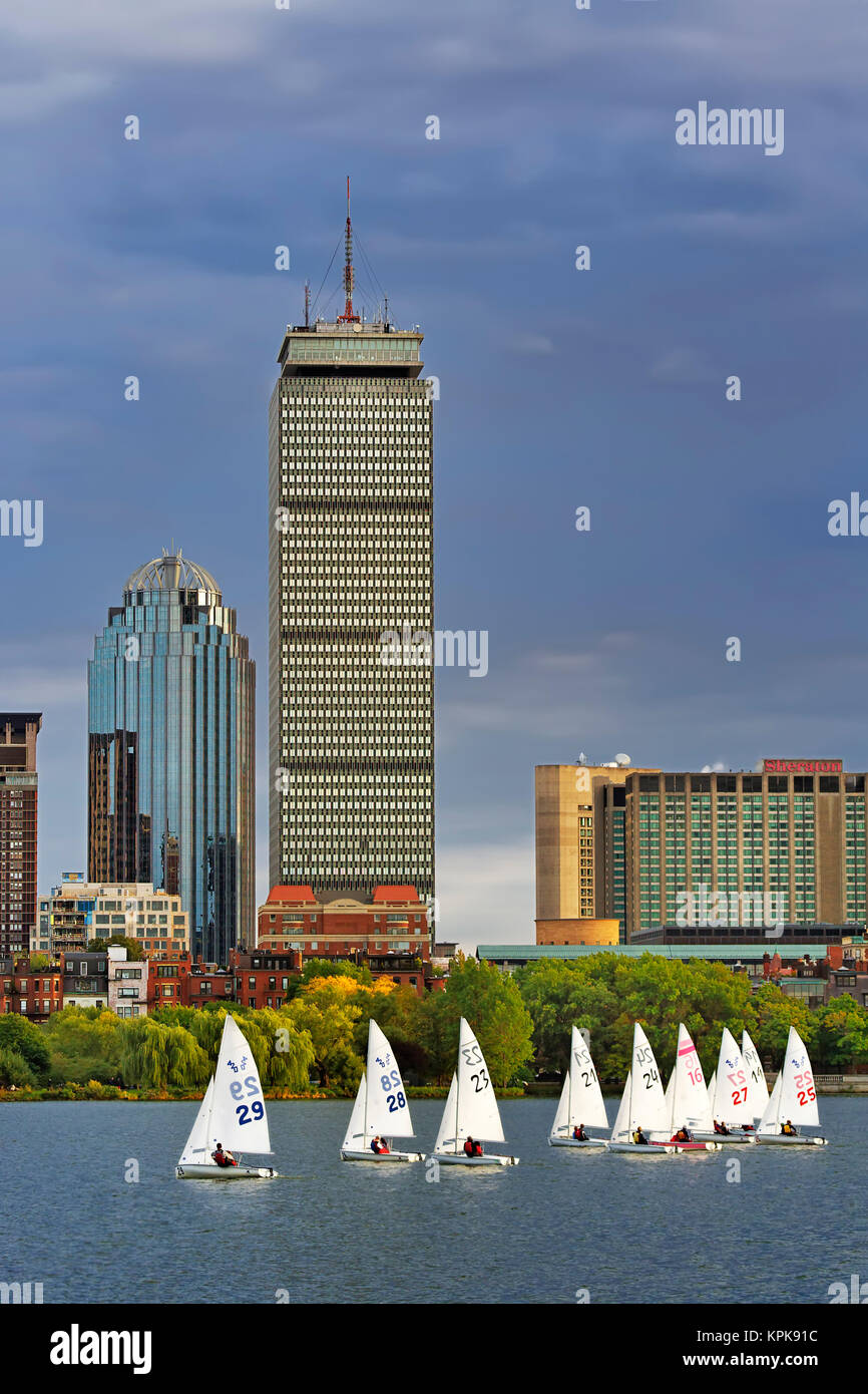 MIT sailing team practicing in Charles River with Boston, Massachusetts ...