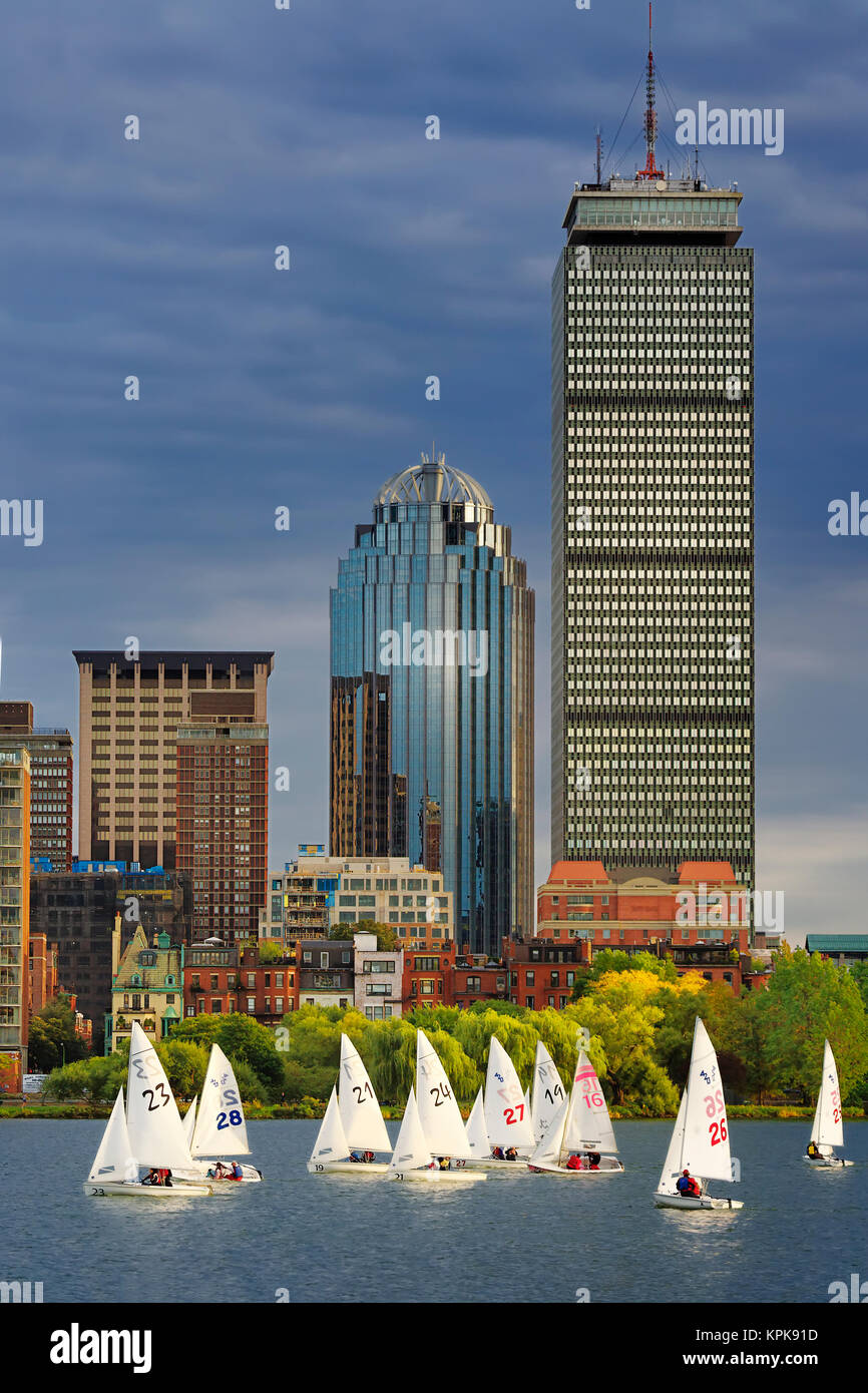 MIT sailing team practicing in Charles River with Boston, Massachusetts ...