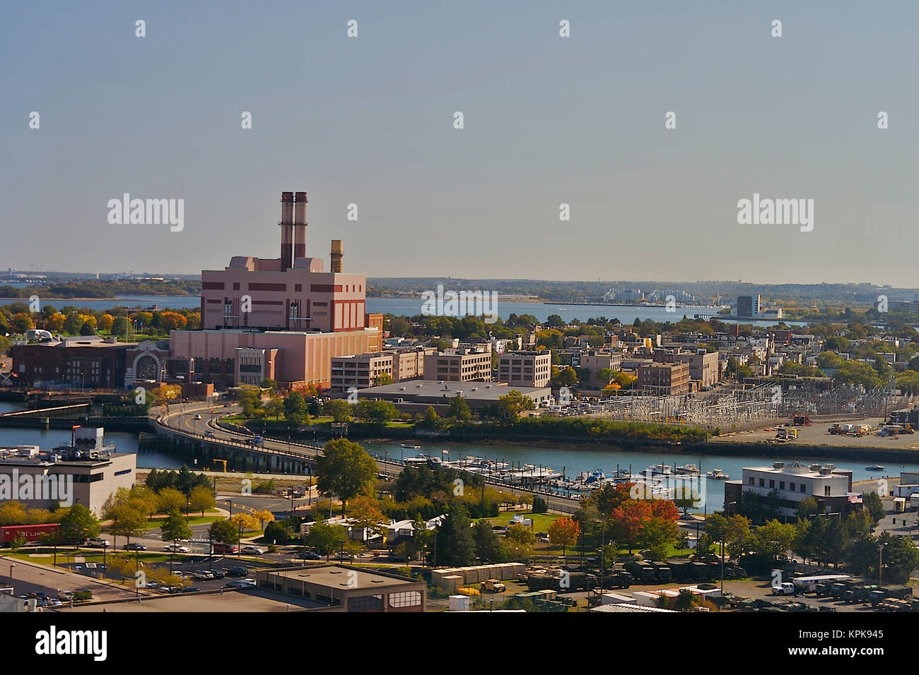 USA, Massachusetts, Boston. View from above of a power plant and other ...