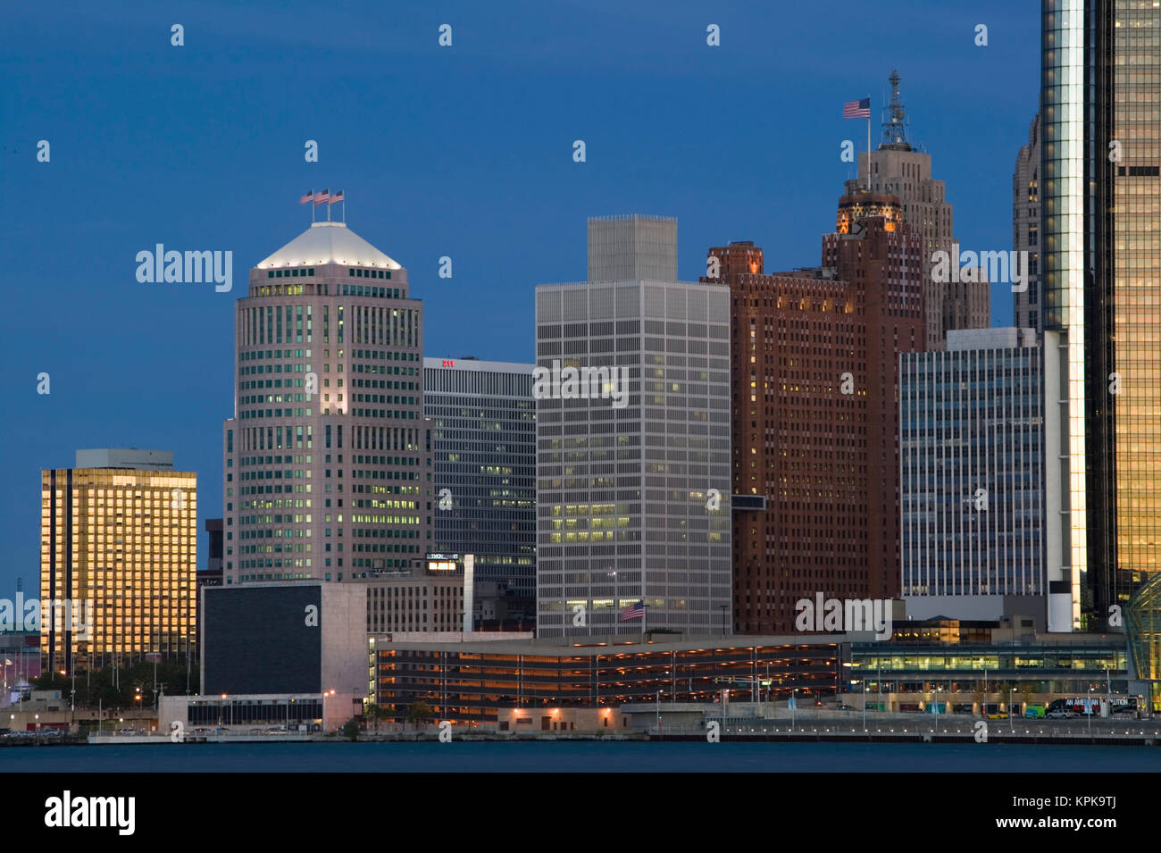 USA, Michigan, Detroit: City Skyline along Detroit River from Windsor ...