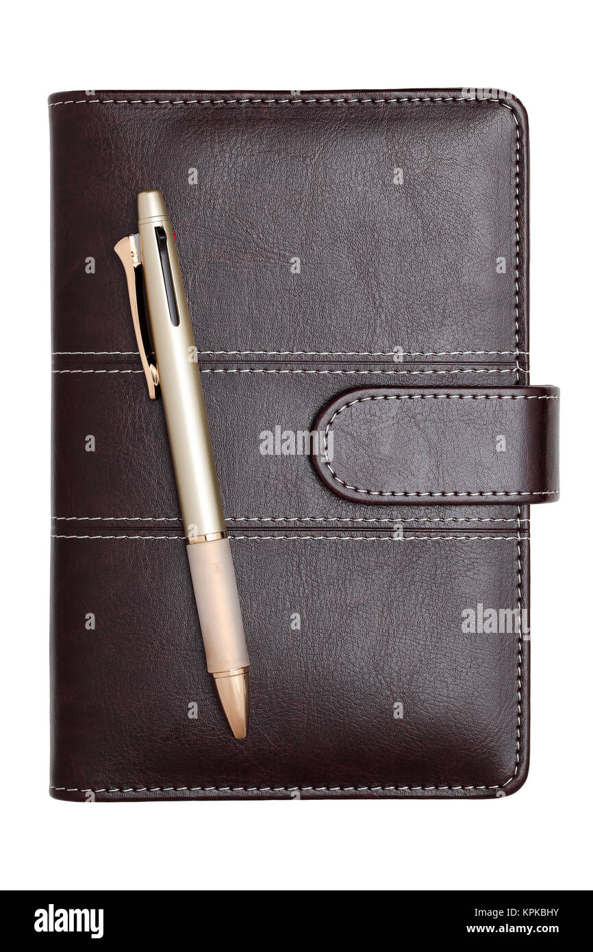 leather notebook and ballpoint pen isolated on a white background Stock ...