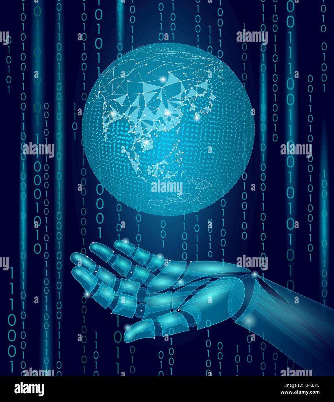Robot android hand hold planet Earth. Low poly polygonal particle point ...