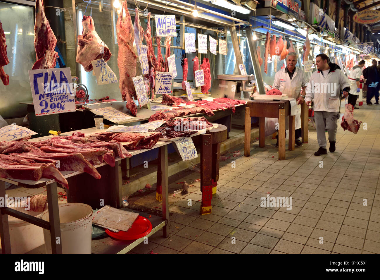 Display of meat at stalls in Athens Central Meat Market, Greece Stock ...
