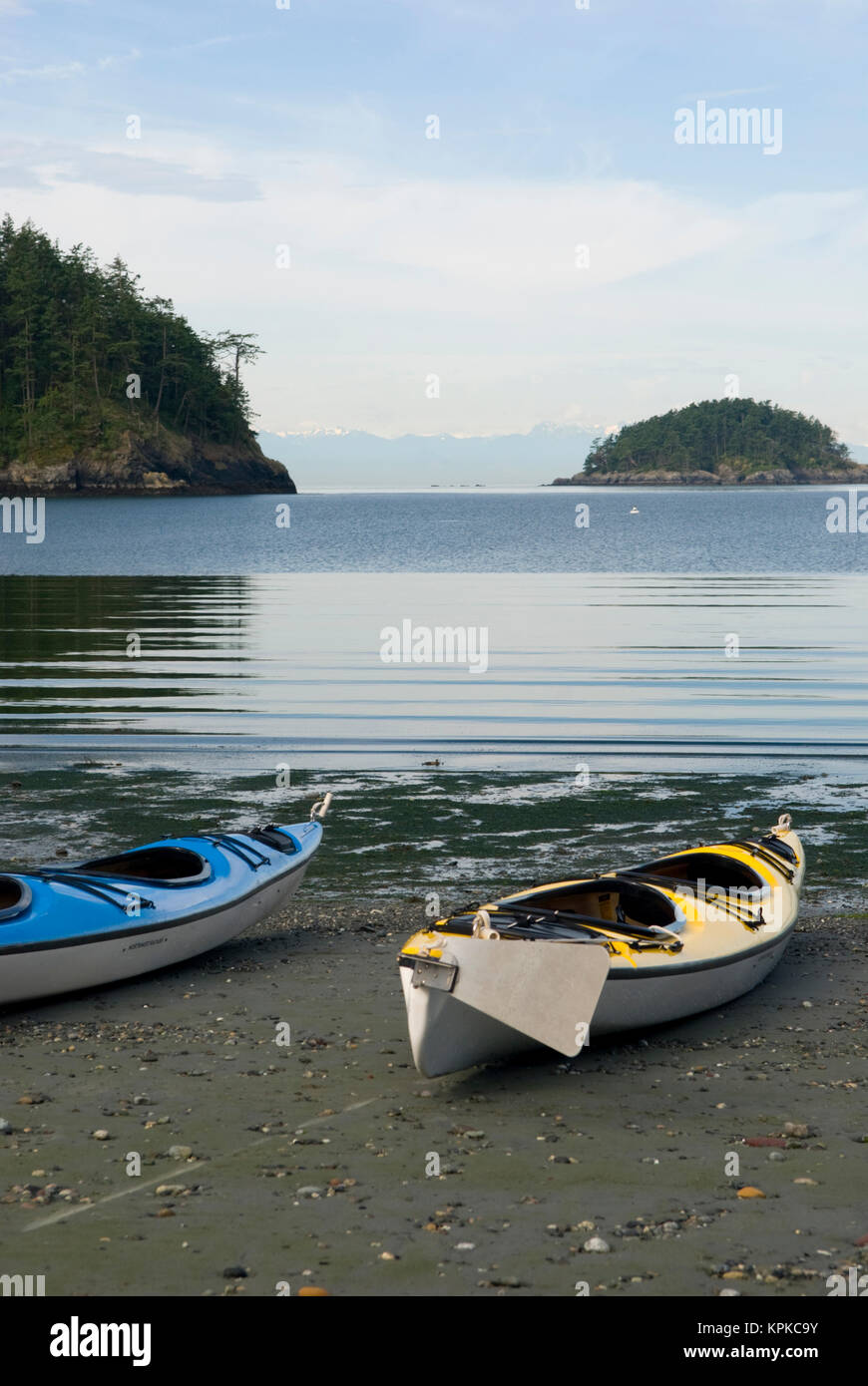 USA, WA, Pacific Northwest, Deception Pass State Park. Kayaks ready for ...