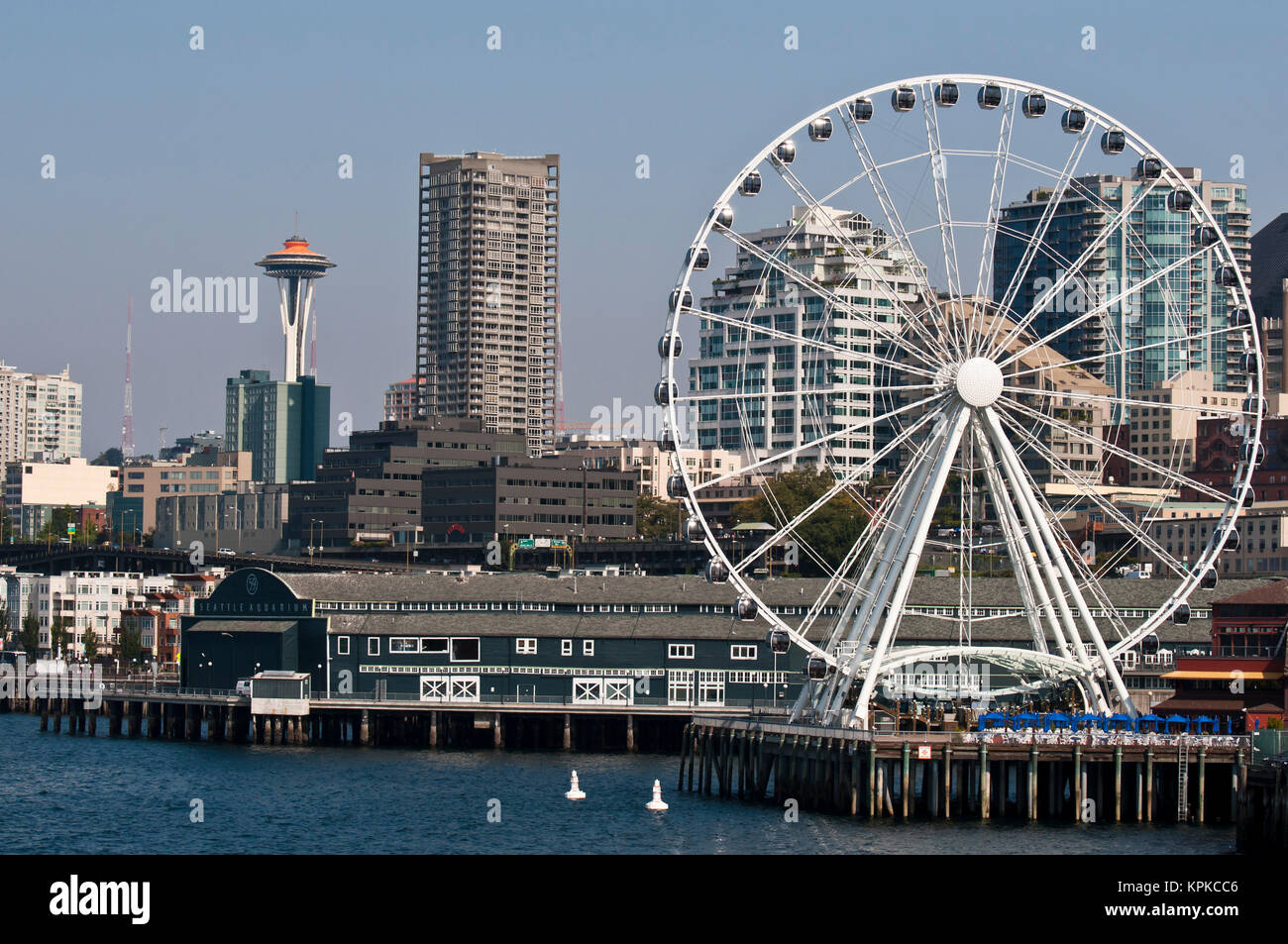 USA, WA, Seattle. Dramatic downtown waterfront includes iconic Space ...