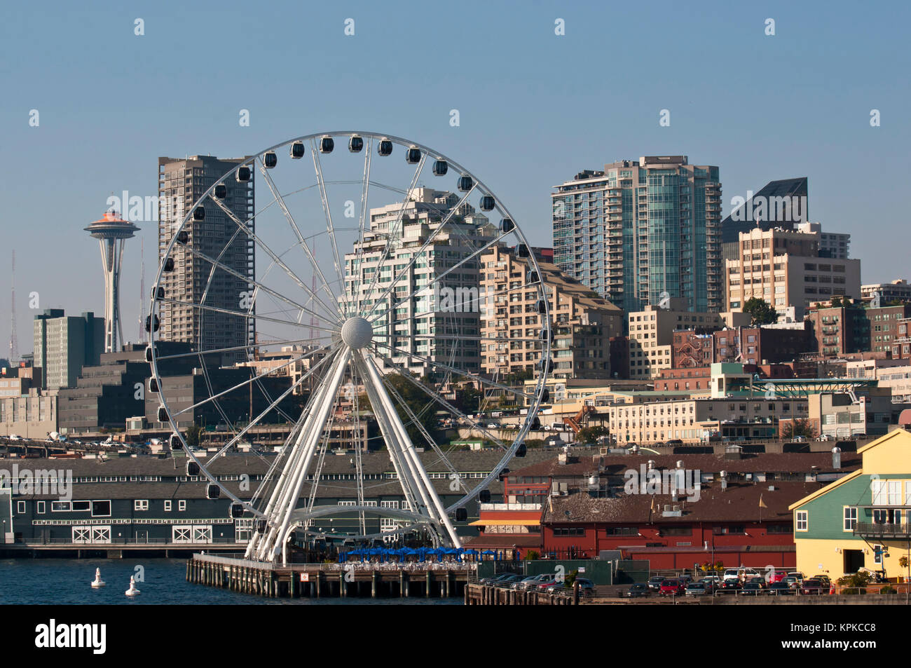 USA, WA, Seattle. Dramatic downtown waterfront includes iconic Space ...