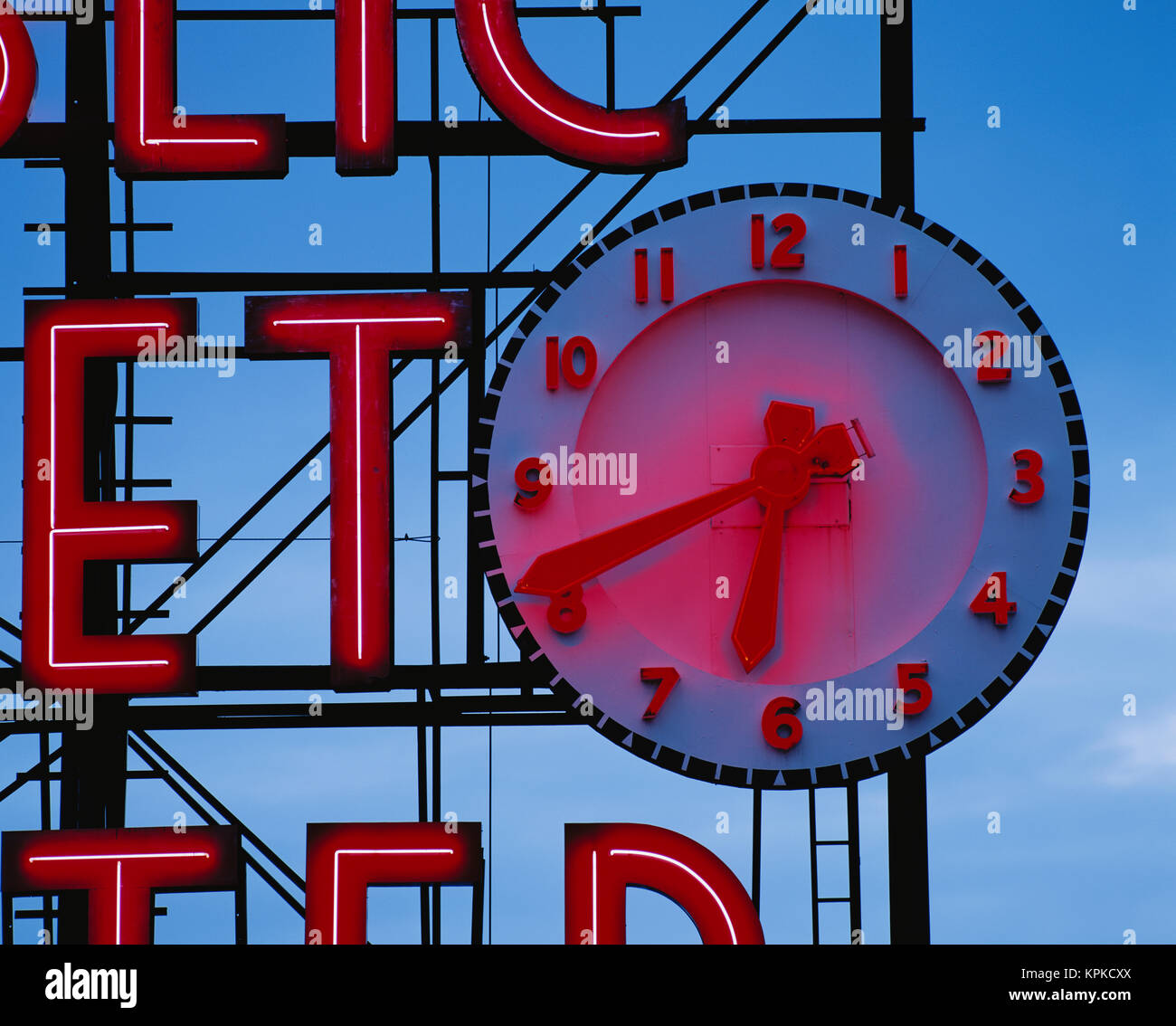 USA, Washington, Seattle, Pike Street Market, Public market neon sign ...